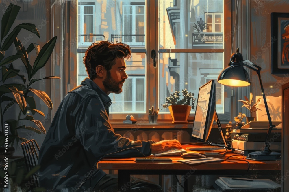 Surrounded by modern aesthetics, a suave gentleman concentrates on his ...