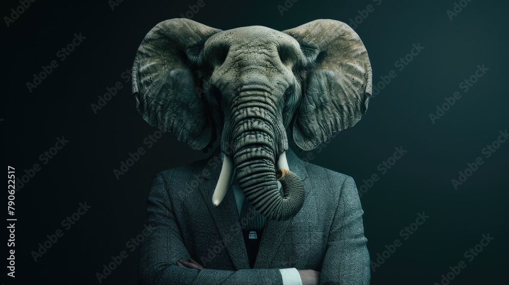 An elephant dressed in a classy suit stands as a successful leader and ...