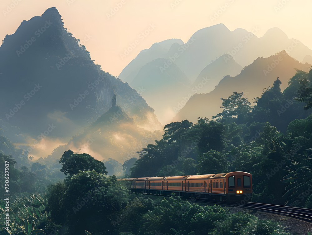 train pass through someplace with forest and mountain Stock ...