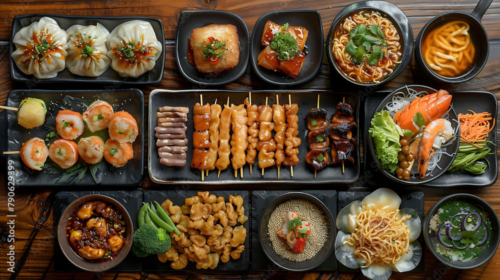 Assorted Chinese food set, Chinese noodles, fried rice, dumplings ...