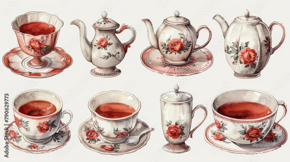 Elegant Victorian tea set with floral design on a watercolor background ...