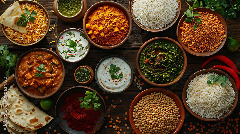 Assorted indian food set on wooden background, Dishes and appetisers of ...