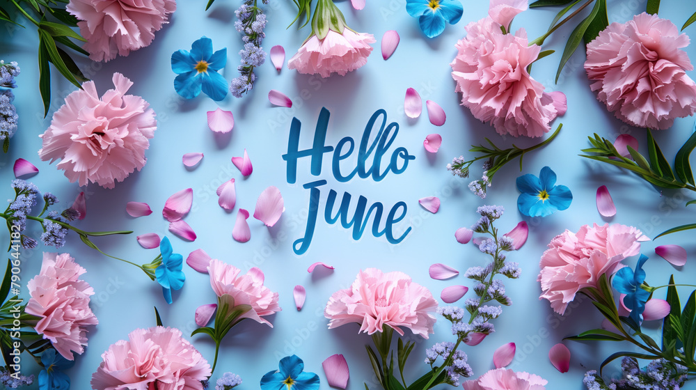 Welcoming June with pastel pink carnations and scattered petals on a ...