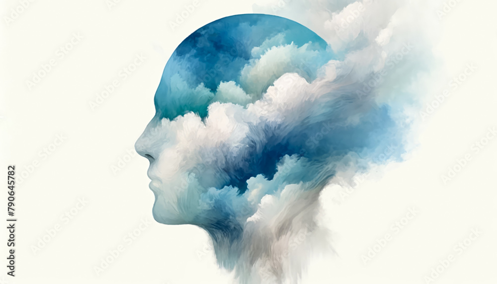 Surreal profile silhouette with a sky and clouds concept overlay ...