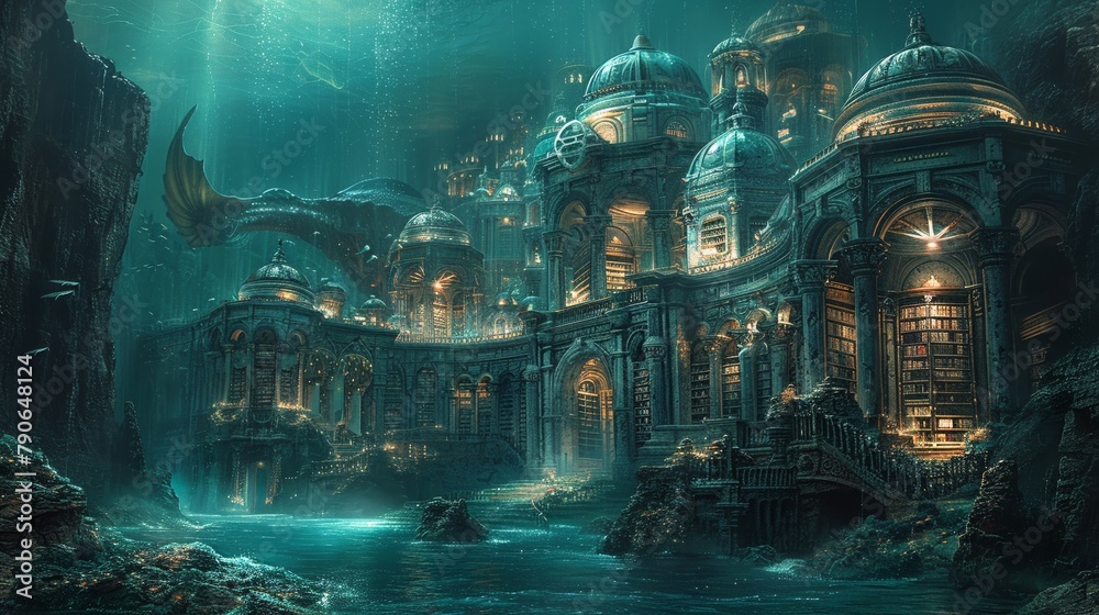An eldritch library in the depths of the ocean, where forbidden ...
