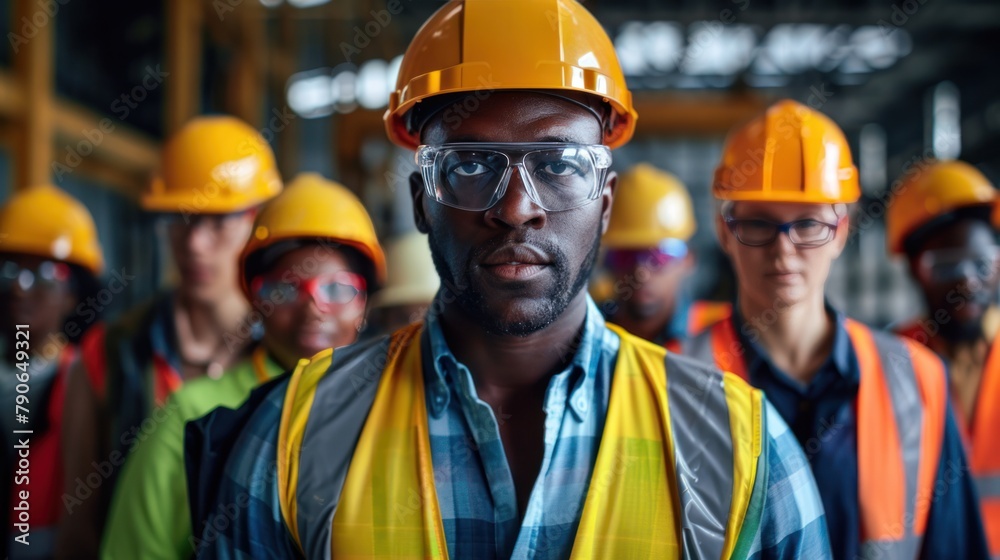 engineer surrounded by a diverse group of colleagues, their helmets and ...