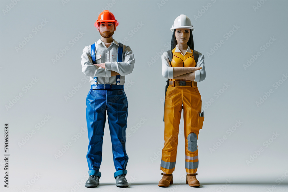 Male and Female Construction Workers Posed. Two realistic 3D animated construction workers, male ...