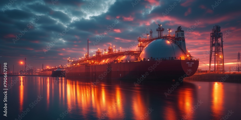 Liquified Natural Gas LNG ship tanker anchored in gas tank storage ...
