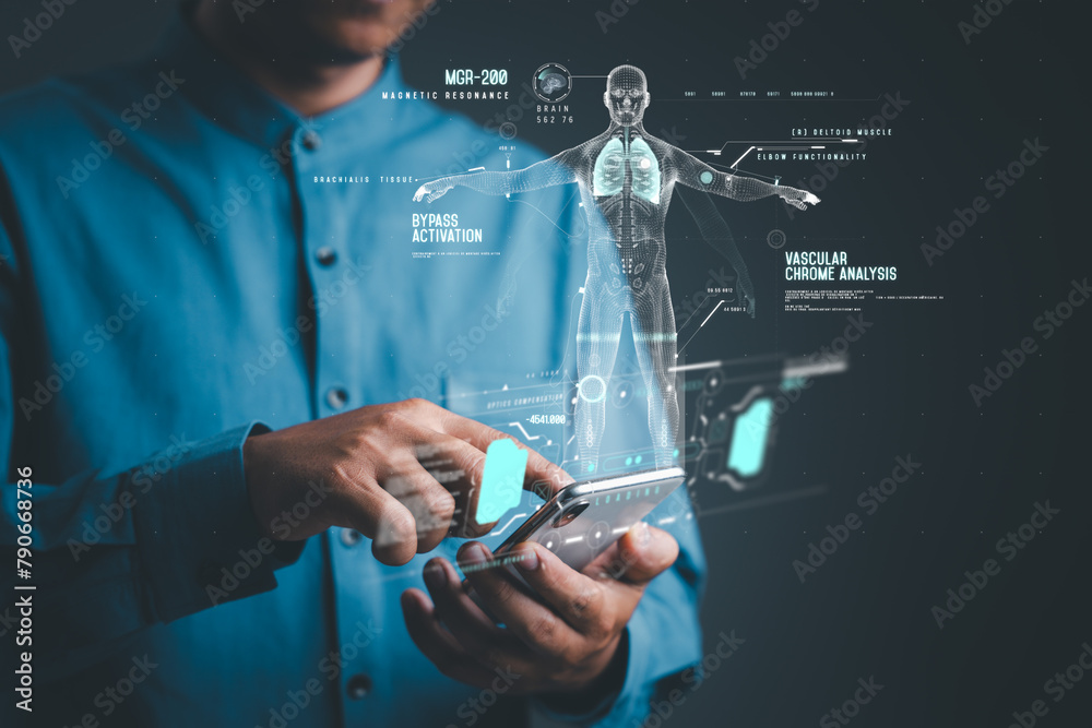 Doctor tap smartphone to display data digital x-ray of anatomy human ...