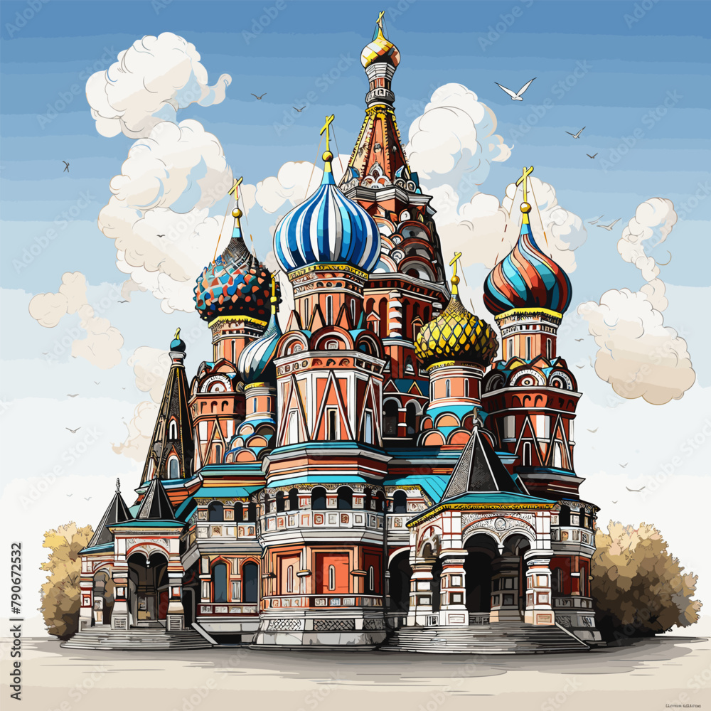 Saint Basil's Cathedral hand-drawn comic illustration. Cathedral of ...