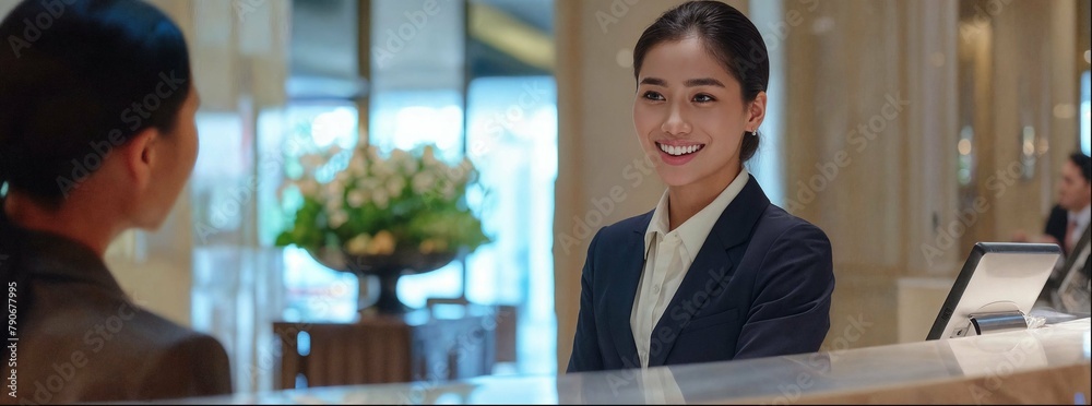 Asian female receptionist smiling at the camera, wearing business ...