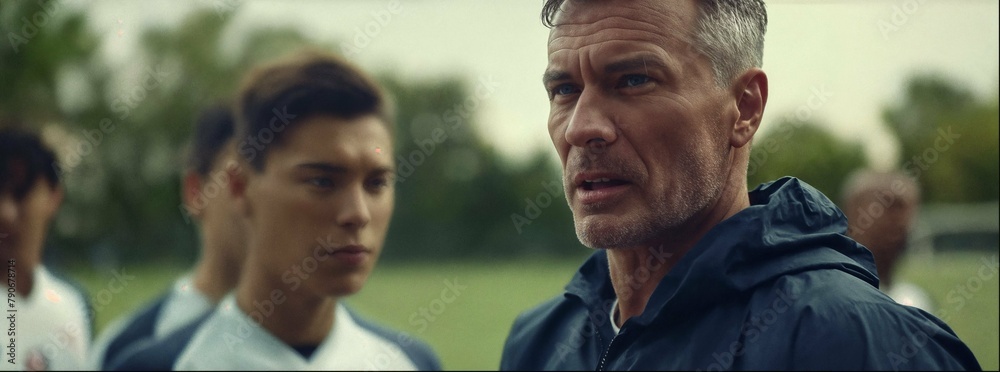 An angry soccer coach talking to his players, he is wearing a dark blue ...