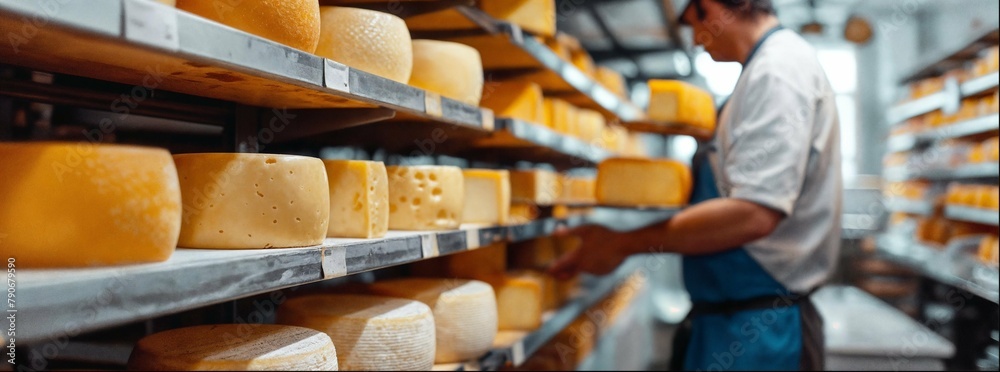 A close-up shot of cheese being aged in the storage shelves ...