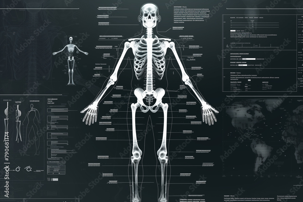 Detailed anatomical chart of a human skeleton with labels on a black ...