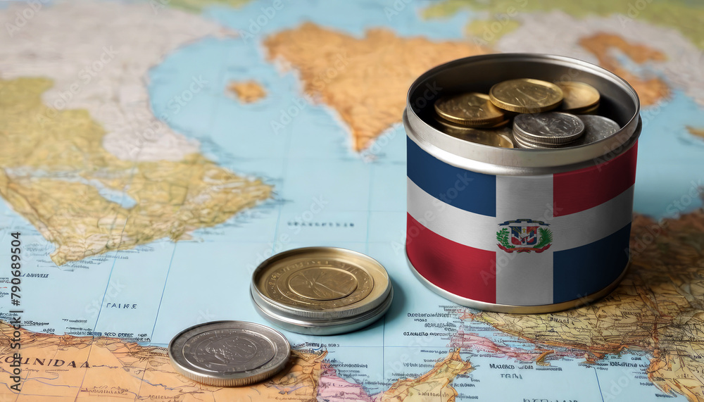 A jar filled with cash, displaying the Dominican Republic flag, sits ...