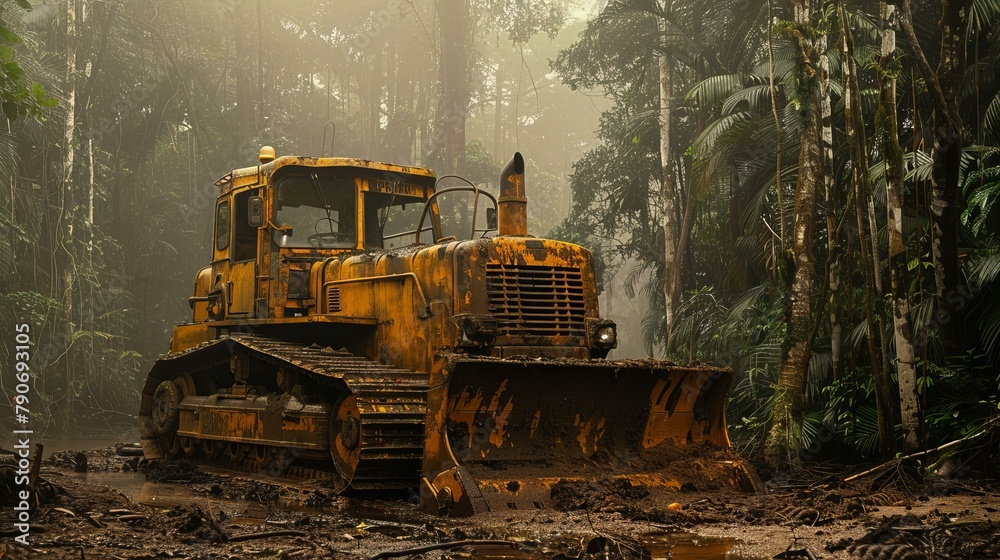 deforestation and logging with bulldozer, habitat destruction Stock ...