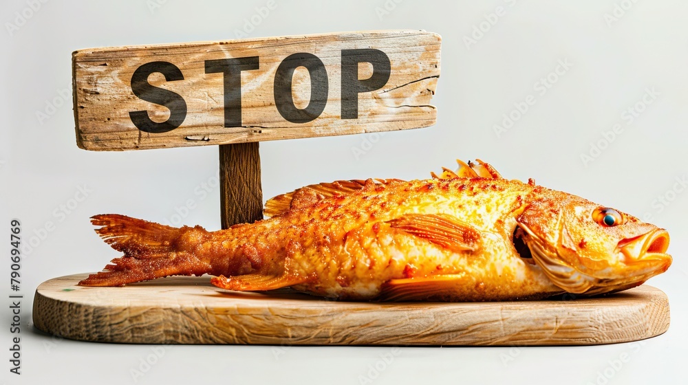 A cautionary stop sign emerges among a plate of fried fish and curly ...