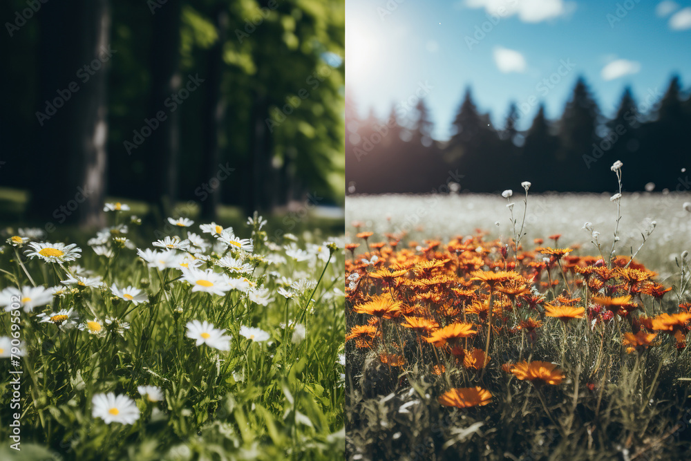 Horizontal background with wild summer flowers, divided in half. The ...