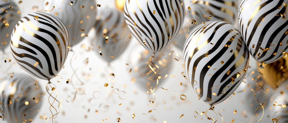 Celebrations background with glossy, helium balloons, golden confetti ...