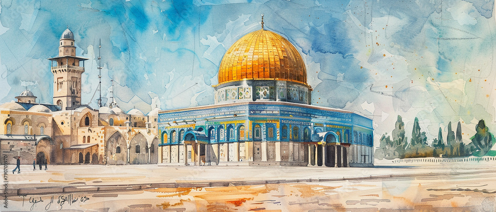 Foto de Watercolor hand draw The Dome of the Rock in Jerusalem is a ...