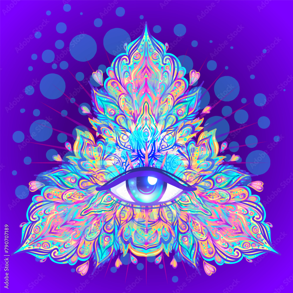 Sacred geometry symbol with all seeing eye over in acid colors. Mystic ...