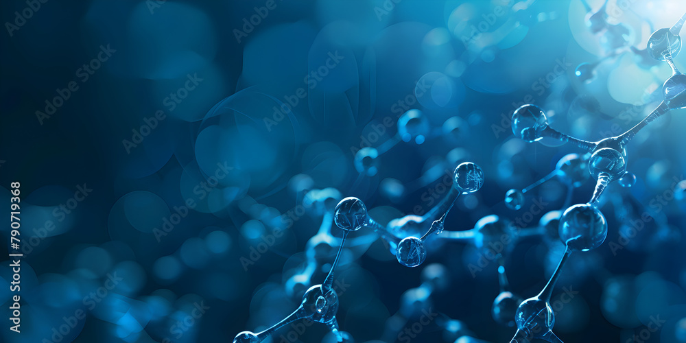 Molecular liquid structure on blue background, Blue molecule atoms ...