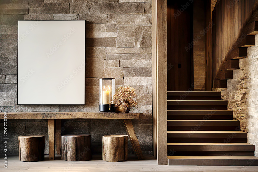 Rustic console table near stone cladding wall. Farmhouse interior ...