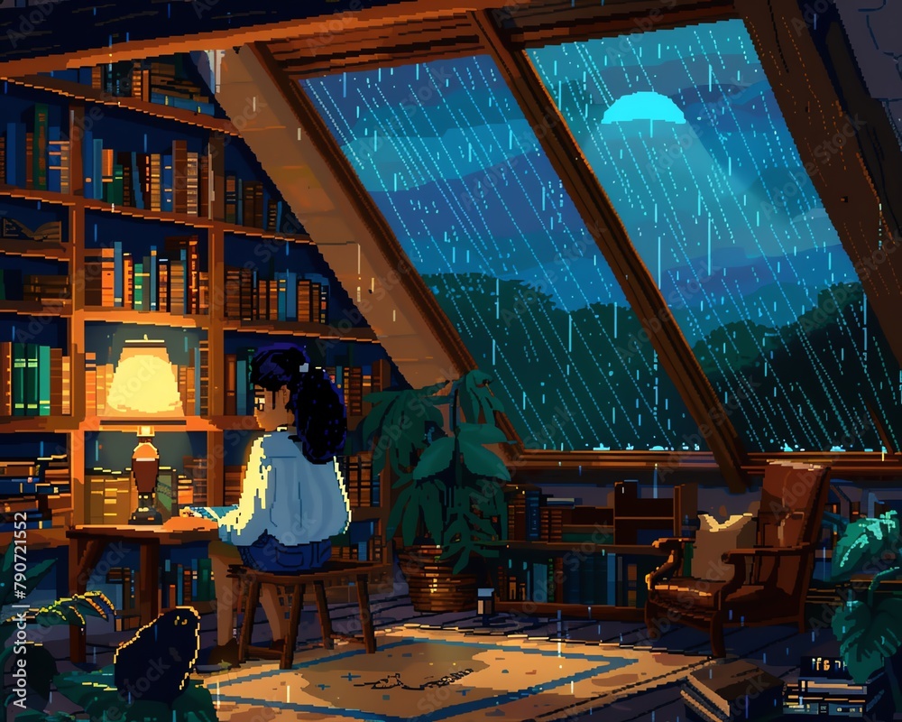 Pixel art of a girl studying in a cozy, book-filled attic room while it ...