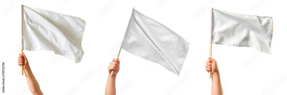 Set of white flags in the hand of a children isolated on a white or ...
