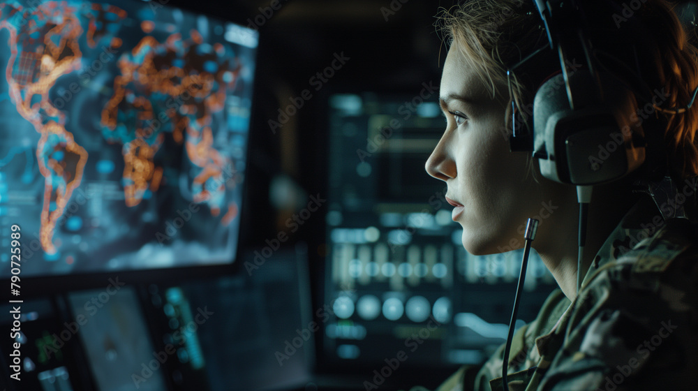 At a remote command facility, a focused female commander wears ...