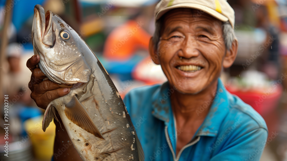 Fresh from the Sea: A Smiling Fisherman’s Big Catch in Detail Stock ...