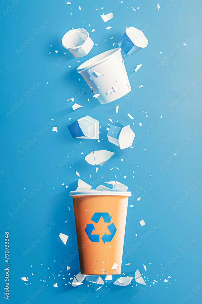 Plastic pieces fall into a disposable plastic cup marked with a ...