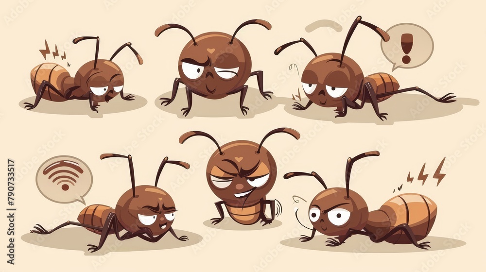 This cute ant cartoon character represents different faces and emotions ...