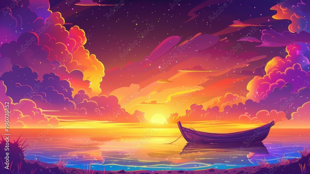 Two-dimensional nature scene with sunset in ocean with boat ...