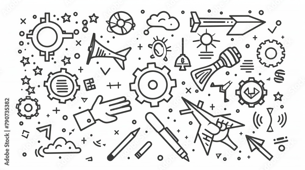 Icons of doodles, outline business signs, cogwheels, hands with puzzle ...