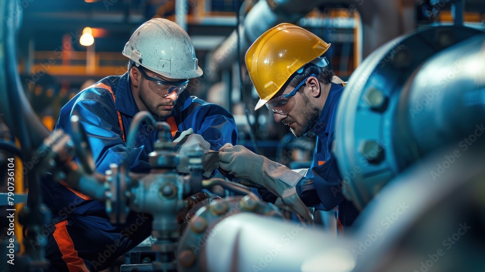 Technicians conducting non-destructive testing to measure the thickness ...