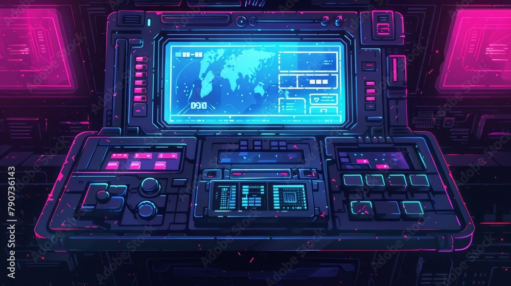 Graphic illustration of a retro computer interface with a glitch effect, with windows, icons ...