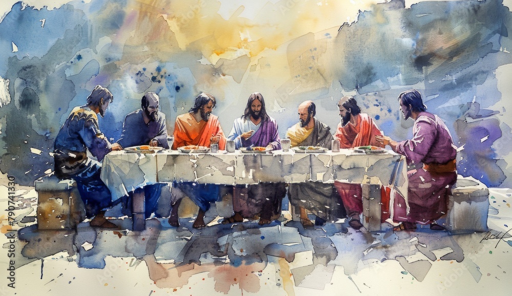 Watercolor painting of the last supper, Jesus and his disciples sitting ...