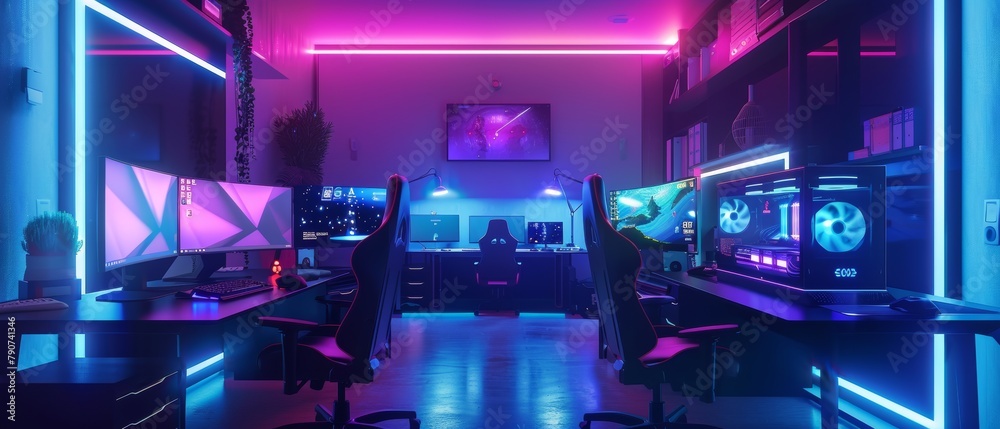 Gaming room with highly powerful computer. Paused first-person shooter ...