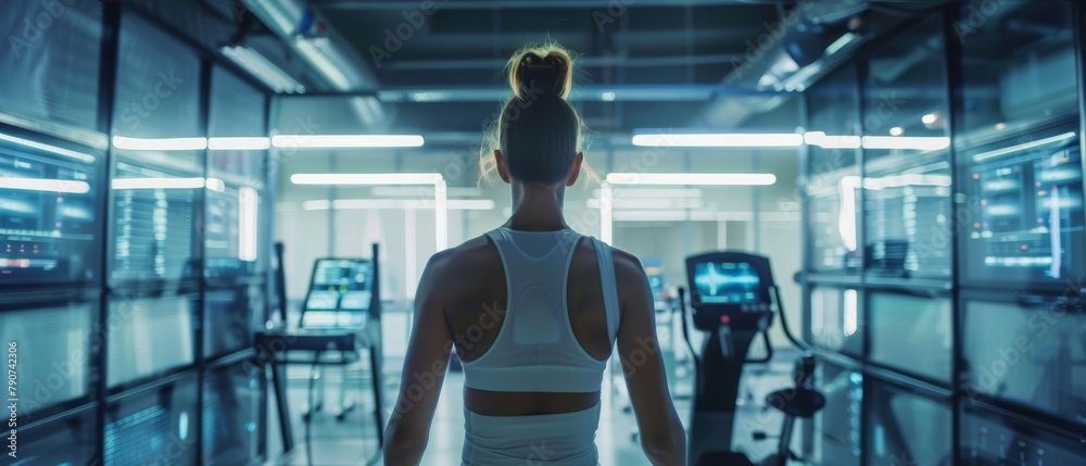 In the background, a woman athlete is running on a treadmill with ...