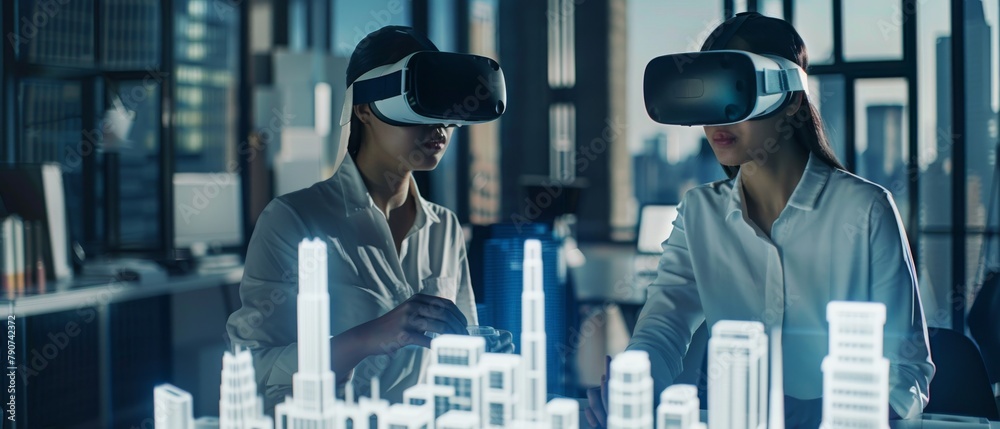 A man and a woman working with a 3D model of a city wearing an ...