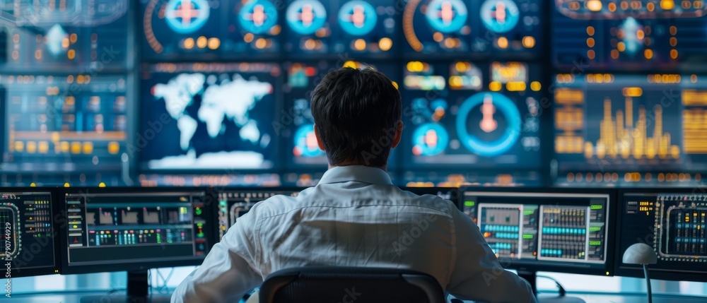 The technical controller is working at a workstation with multiple ...