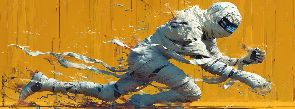 A mummy using a fitness tracker to count steps as it unravels, leaving ...