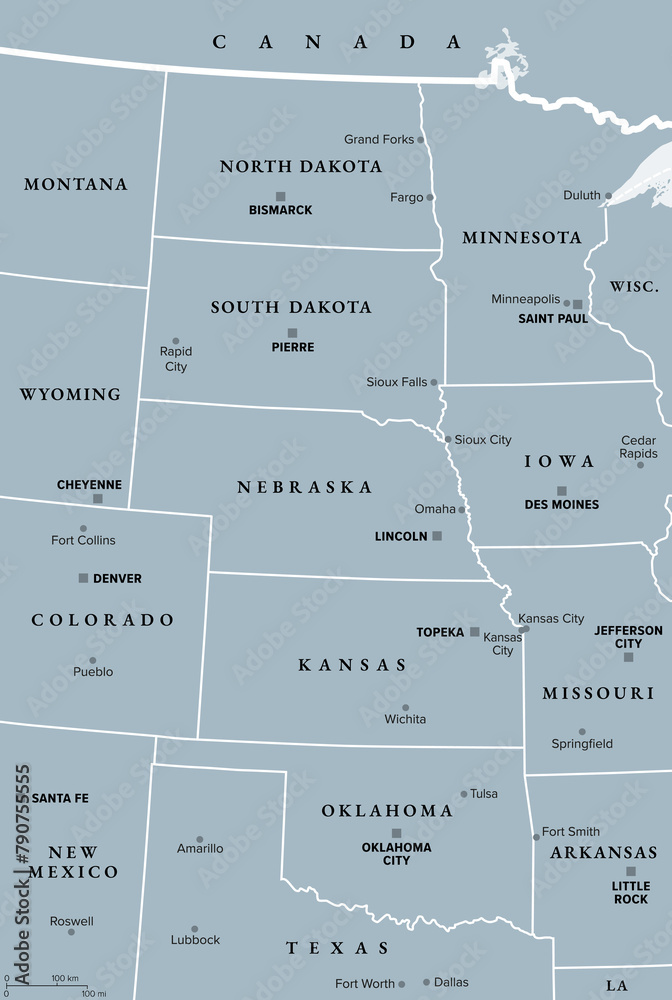 Great Plains Region of the United States, gray political map. Sometimes ...