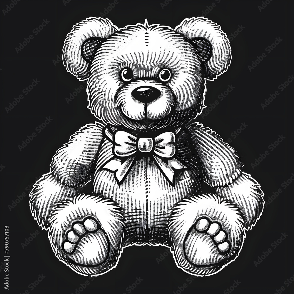 classic teddy bear toy with a bow tie in engraving style sketch ...