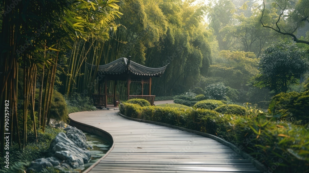 Winding bamboo forest path leads to a traditional Chinese garden ...