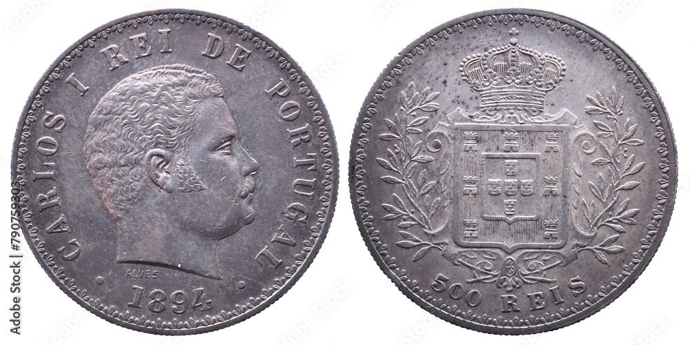 Portuguese silver coin from the reign of Carlos I. On the obverse the ...