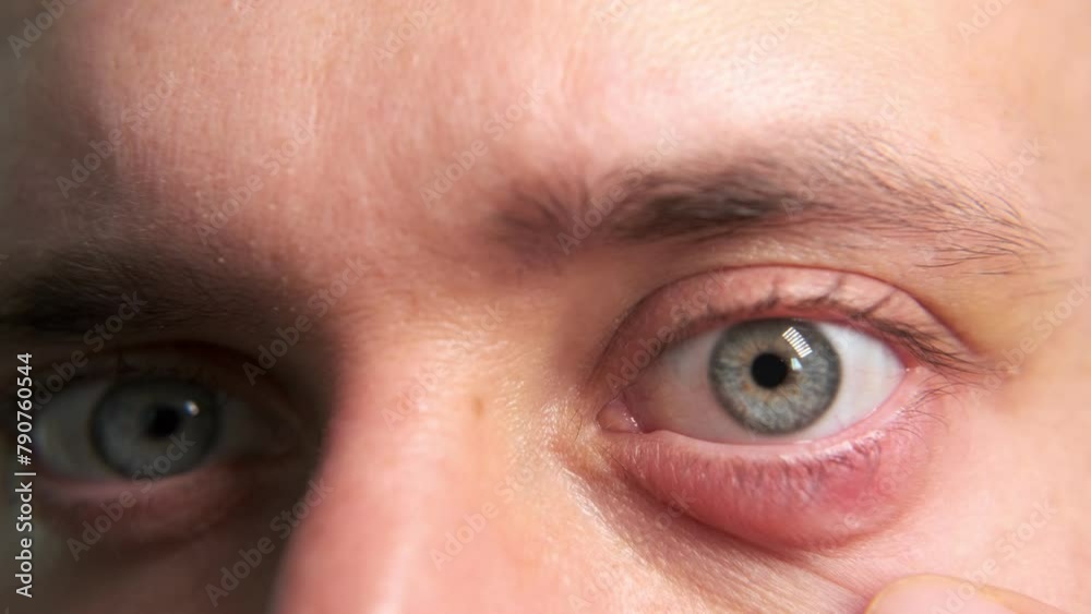 Close-up of a person with a swollen lower eyelid, indicating a ...