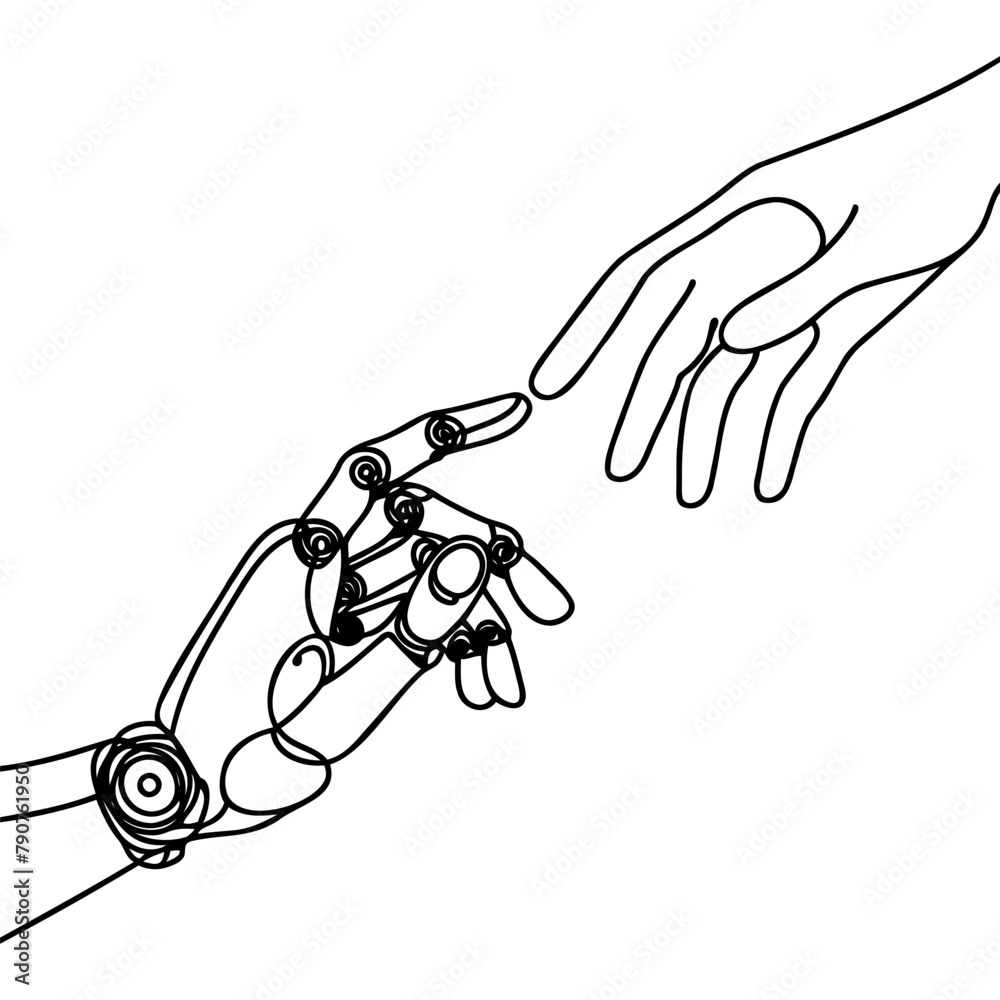 drawn by one continuous line of human and robot hands touching, fusion ...