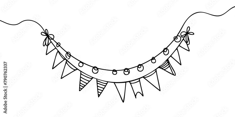 Continuous line art drawing buntings garland. Celebration party hand ...